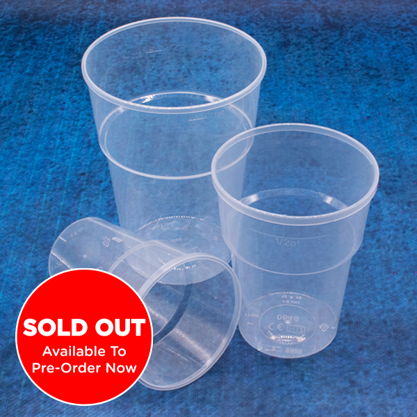 Clear Pint disposable tumbler available from stock in packs 25 glasses.